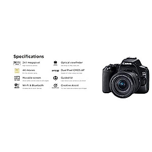 Canon EOS 250D / Rebel SL3 DSLR Camera with 18-55mm Lens (Black), Creative Filter Set, EOS Camera Bag, Sandisk Ultra 64GB Card, 6AVE Electronics Cleaning Set, and More (Renewed)