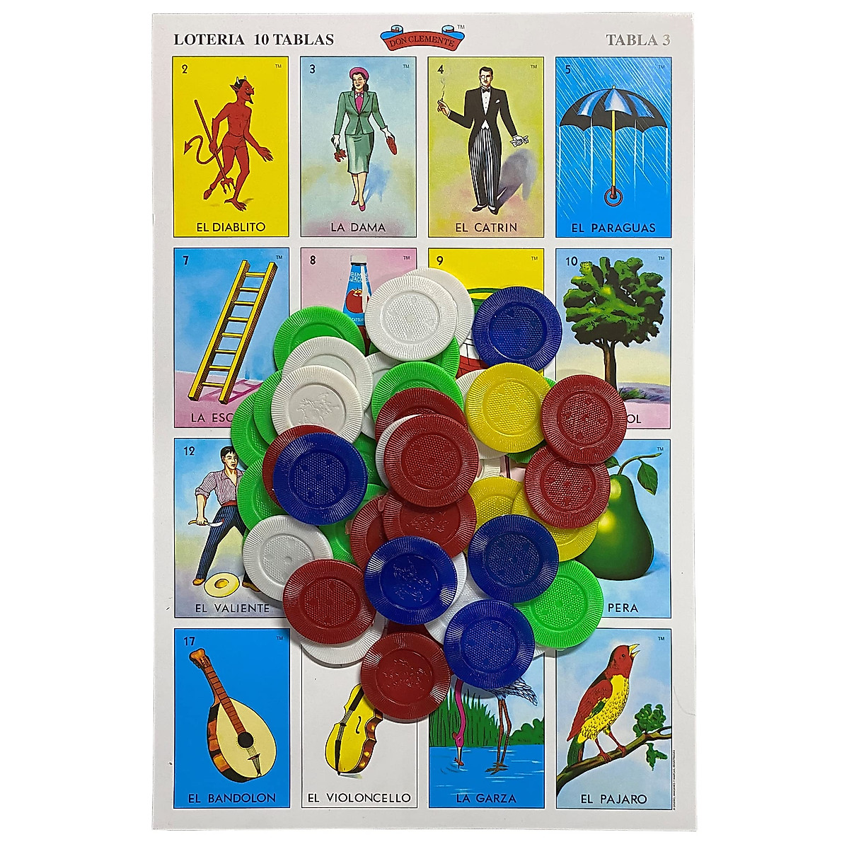 Loteria Mexicana Tradicional Jumbo Don Clemente 10 Jugadores 100 Fichas Poker - Jumbo Size Mexican Bingo Set with 100 Plastic Chips for 10 Players Board Game