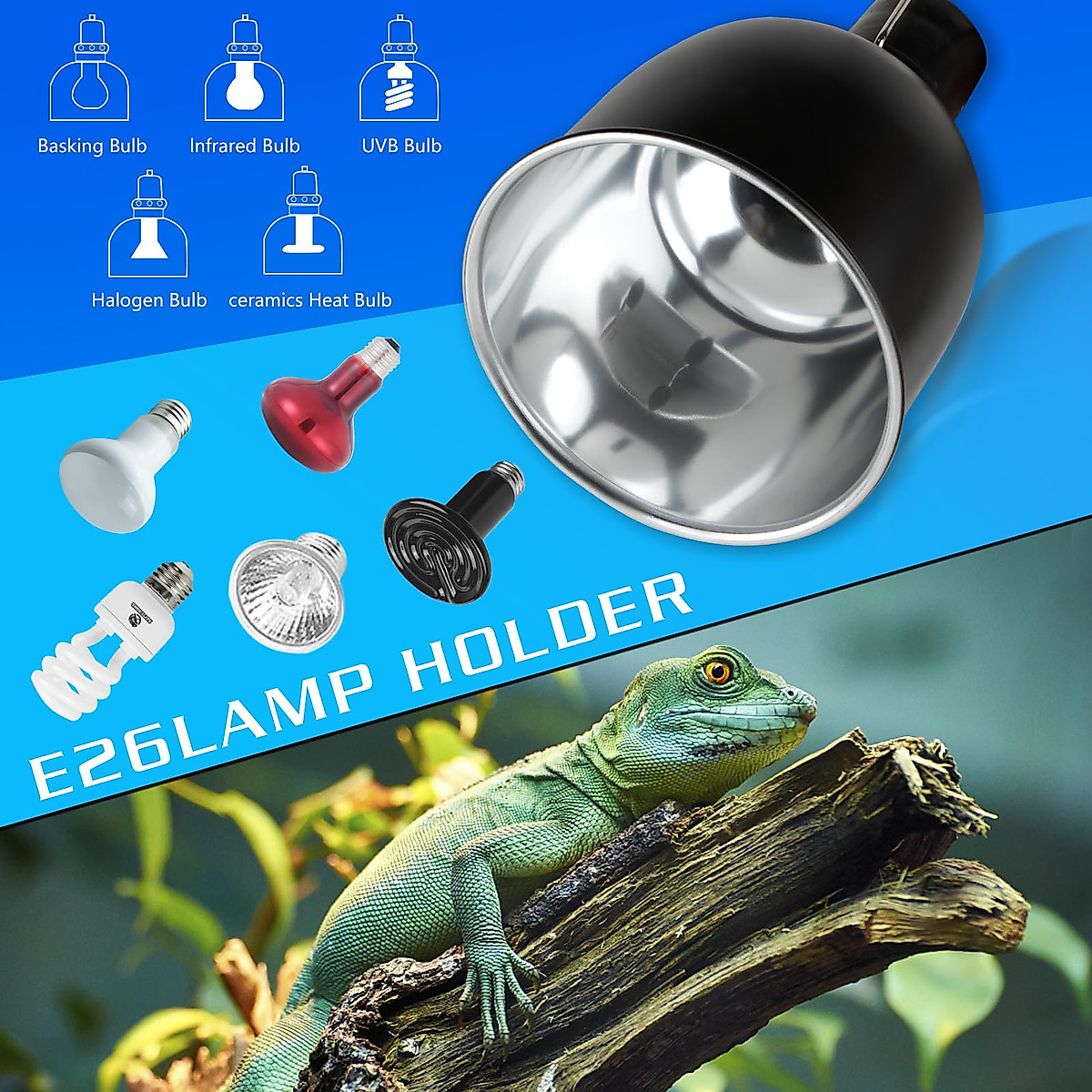 REPTI HOME Reptile Light Fixture, 5.5 inch Optical Reflection Deep Dome Heat Lamp Fixture, UVB Heat Basking Lamp Fixture for Amphibian Reptile Terrariums