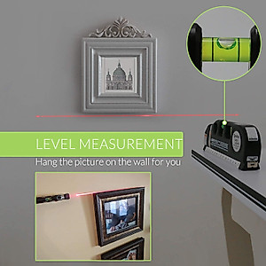 Qooltek Multipurpose Laser Level 8 feet Measure Tape Ruler Adjusted Standard and Metric Rulers for hanging pictures with Metal Tripod Stand
