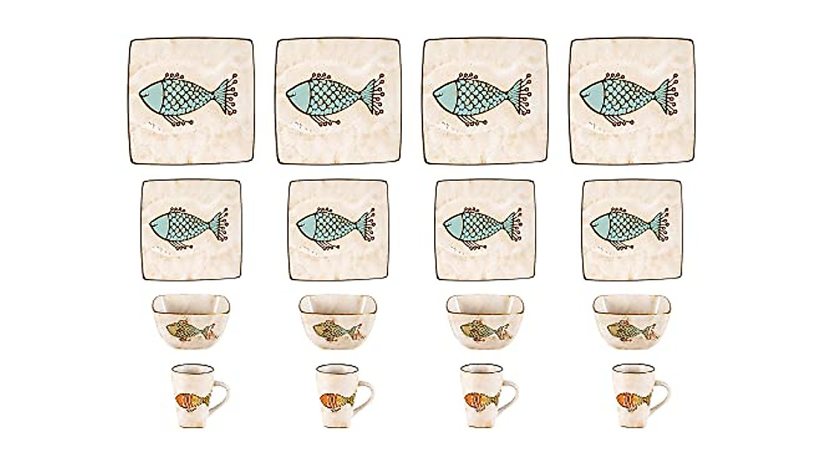 HomeVss Fish 16-Piece Artisan Dinnerware Set | Hand-Painted & Durable
