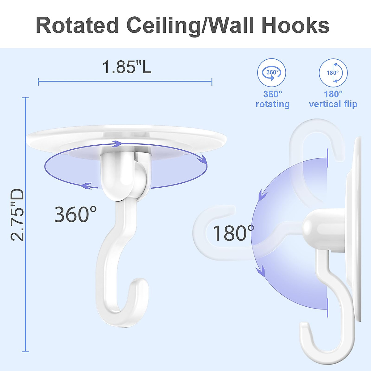 Adhesive Hooks Hanging Ceiling & Wall: Heavy Duty Damage-Free No-Drill Removable Self-Stick Wall Hook 6Pack White Hanger Plants Lights Bags Towels Clothes for Doors Cabinets Showers Bathrooms