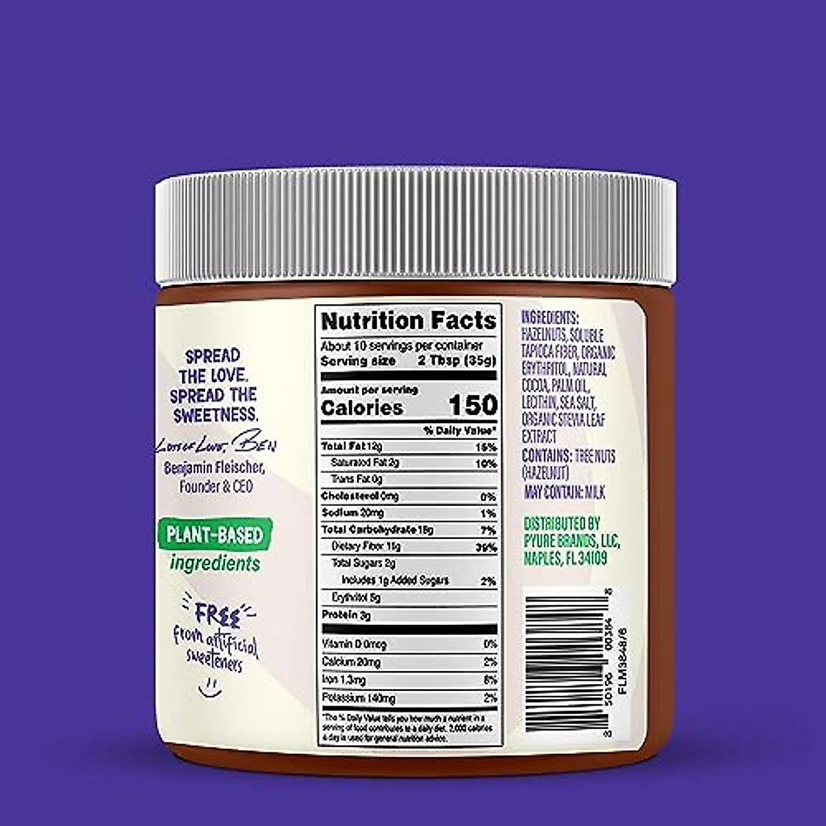 Pyure Hazelnut Spread with Cocoa 2 Net Carbs Keto Snack Gluten-Free, Peanut Free, Plant-Based Hazelnut Spread for Vegan Keto Friendly Food, 13 Ounce (Pack of 1)