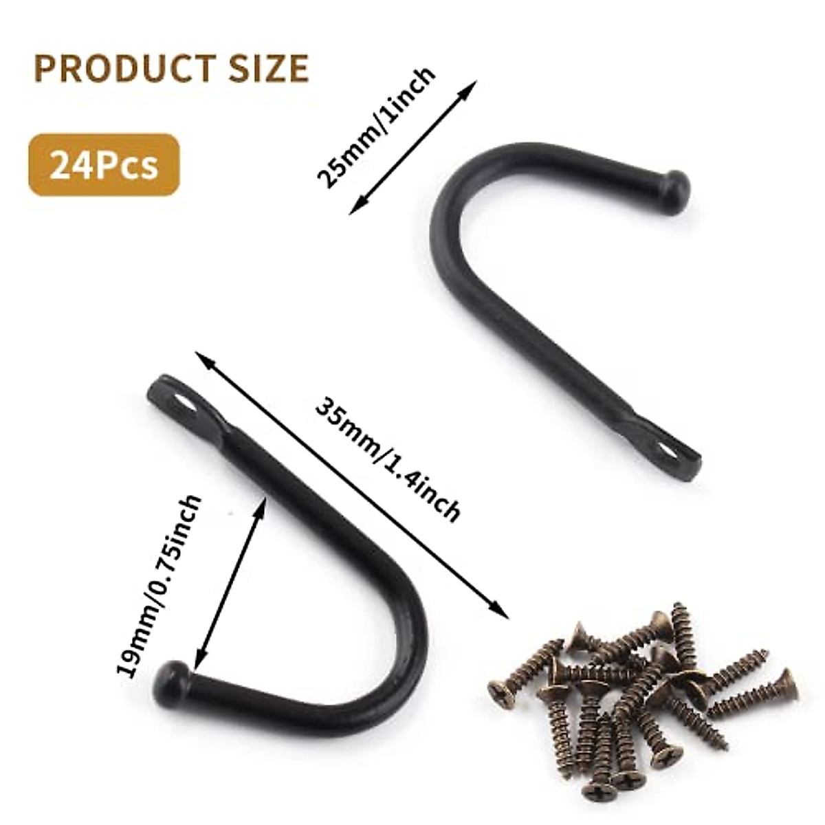 Auvotuis 24Pcs Single Iron Hooks, Decorative J Shaped Wall Mounted Single Coat Hooks with Screws for Hanging Bag, Key, Cup (Black, 1.4 x 1 Inch)