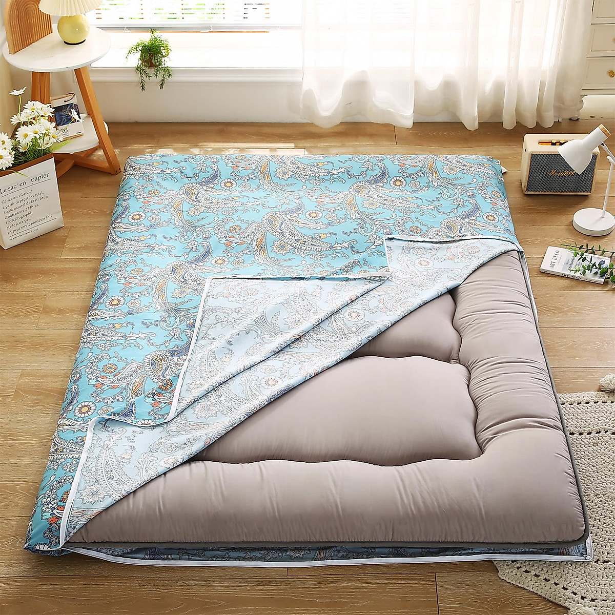 YUDACHU Futon Floor Mattress Cover with Zipper, Cotton Japanese Futon Cover Twin Size, Machine Washable Soft Skin-Friendly Tatami Mattress Cover for Dust Protection