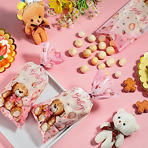 Pajean 100 Pack Bear Baby Shower Treat Bags Bear Cellophane Candy Bag Bulk Plastic Goodie Gift Bags with Metallic Twist Ties for Gender Reveal Birthday Party Favors (Pink)