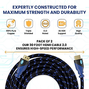 AURUM CABLES 20ft HDMI Cable 4K@60Hz Ultra HD, High Speed with Ethernet HDMI Cable Braided Nylon & Gold Connectors, ARC, CL3 Rated - Compatible with TV, PC, Monitor, Laptops, PS3, PS5, PS4