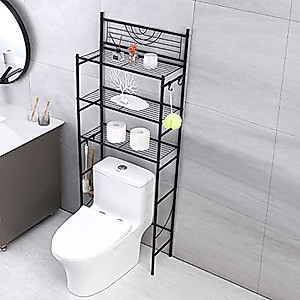 Kimzda 3-Tier Bathroom Over The Toilet Storage Rack Free Standing Metal Frame Shelf Organizer, with 4-Hooks, Black