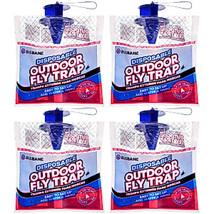 Fly Trap Outdoor Hanging Fly Catcher. 4 Pack Disposable Outdoor Fly Bags with Fly Bait Repellent and Blue Fly Attractant Lure. Fly Trapper Helps Control Horse Flies in Barns or Ranch