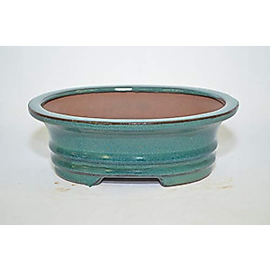 Bonsai Ceramic Pot 8" Teal Color, Oval Shape, Glazed with draining Holes.