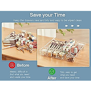 Puroma 25 PCS Drawer Organizer with Non-Slip Silicone Pads, 4-Size Versatile Vanity Drawer Storage Bins, Clear Plastic Drawer Organizer Trays, Customize Layout Organizer for Makeup and Bathroom Vanity