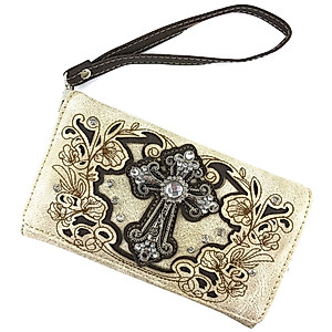 Zelris Western Floral Blossom Cross Women Crossbody Wrist Trifold Wallet (Purple)