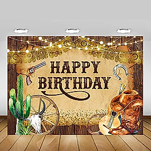 Mocsicka Western Cowboy Happy Birthday Backdrop Rustic Old West Rodeo Cowboy Background Brown Rustic Wood Kids Birthday Party Decoration Banner Cowboy Party Decorations (7x5ft (82x60 inch))