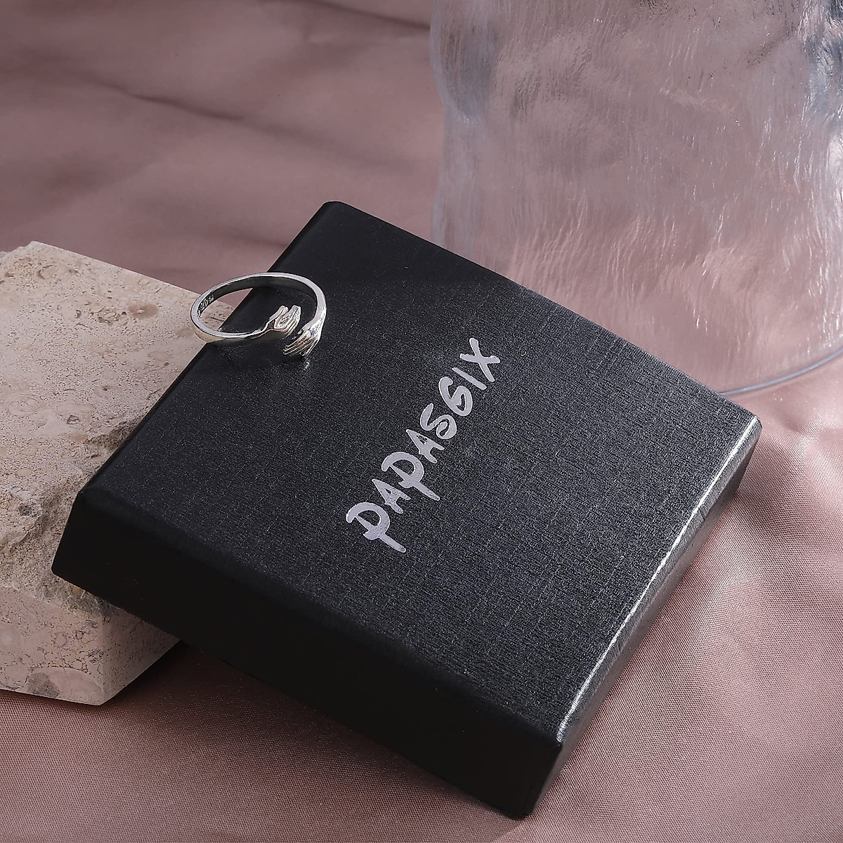 papasgix Hug Ring for Women 925 Sterling Silver,Hug Rings Silver Hugging Hands Open Promise Ring Jewelry Hug Hands Mens Rings Couples Wedding Bands (Silver)