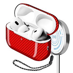 MONOCARBON Real Carbon Fiber Case for Airpods Pro 2nd Generation with Lanyard,AntiScratch Slim Protective Hard Cover for Airpods Pro 2 Compatible with Magsafe Wireless Charging-Twill Glossy Red