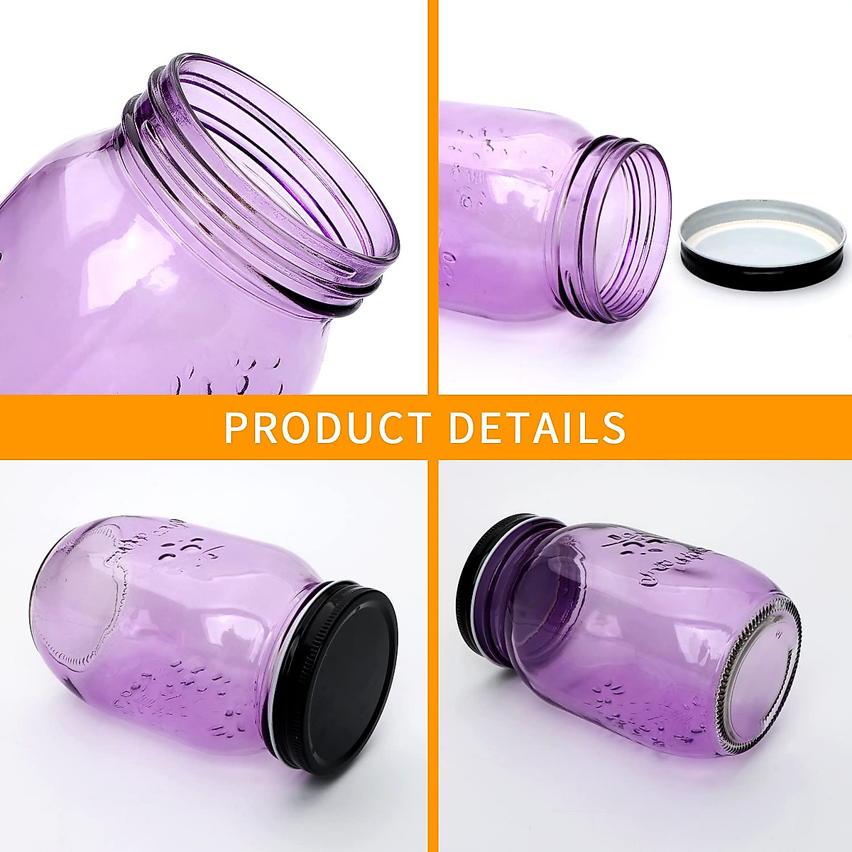 QAPPDA 32 OZ Glass Jars with Lids Set of 12,Colorful Wide Mouth 1000ML Glass Mason Jar with Airtight Lid,Durable Glass Food Storage Canning Jars for DIY Crafts,Dry Food,Jams,Preserving