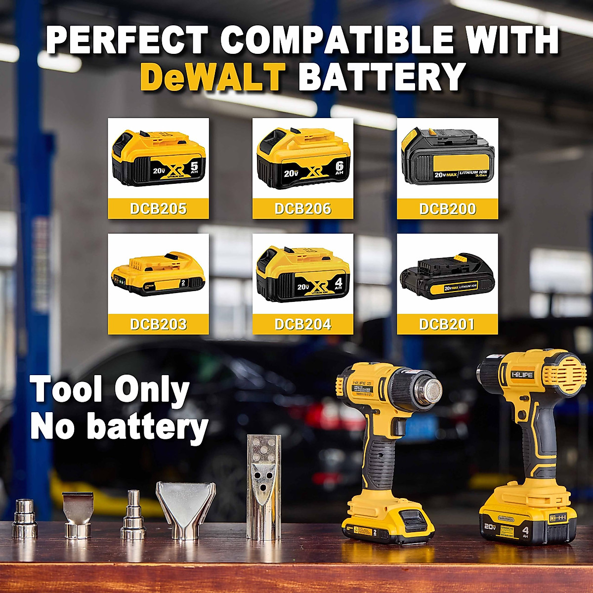 HILIPE Cordless Heat Gun for DeWALT 20v Battery,Lithium Hot Air Gun, 5 Nozzle Attachments,2-Temp Setting Max 1022°F(550°C),Heat Gun for Shrink Wrapping, Tube Bending (Tool Only, NO Battery)