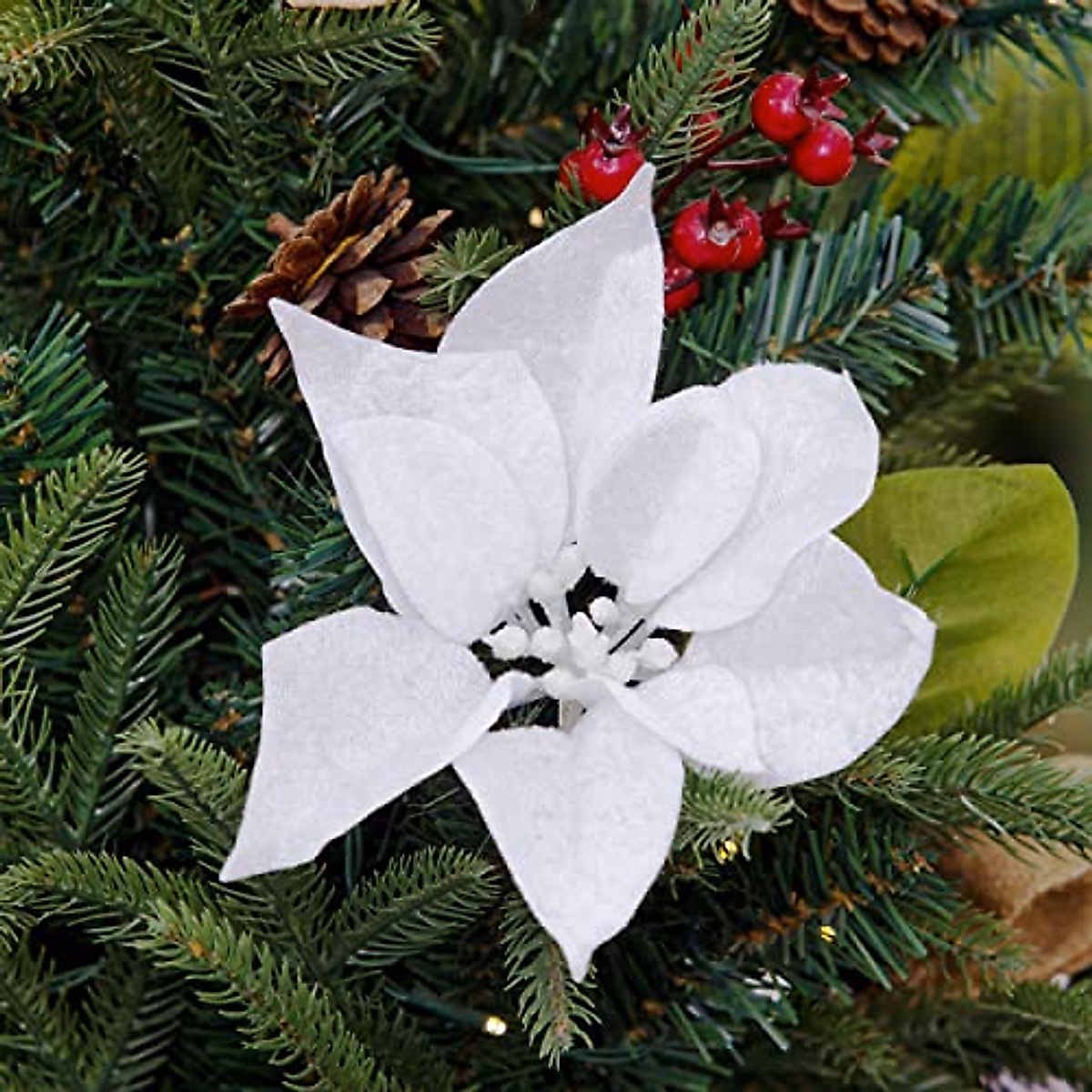 MOONET 12 Pcs Christmas Tree Decor Flowers Artificial Flannel Fabric Flowers with Clips Ornaments for Christmas Party Wedding, 6.69 inch (White)