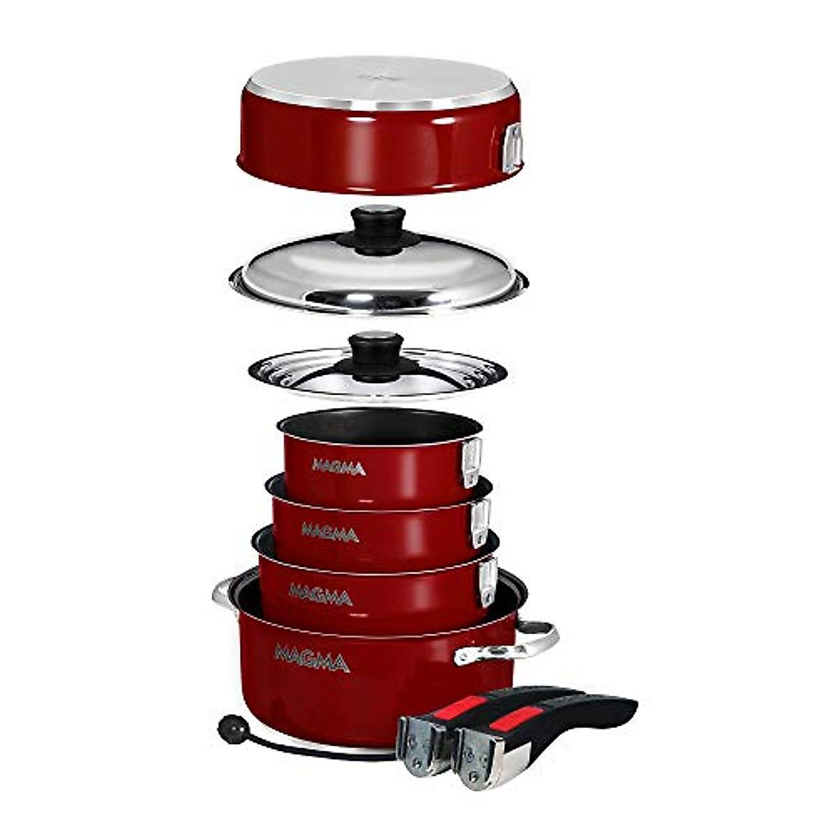 Magma Products, A10-366-MR-2-IN Gourmet Nesting 10-Piece Red Stainless Steel Induction Cookware Set with Ceramica Non-Stick
