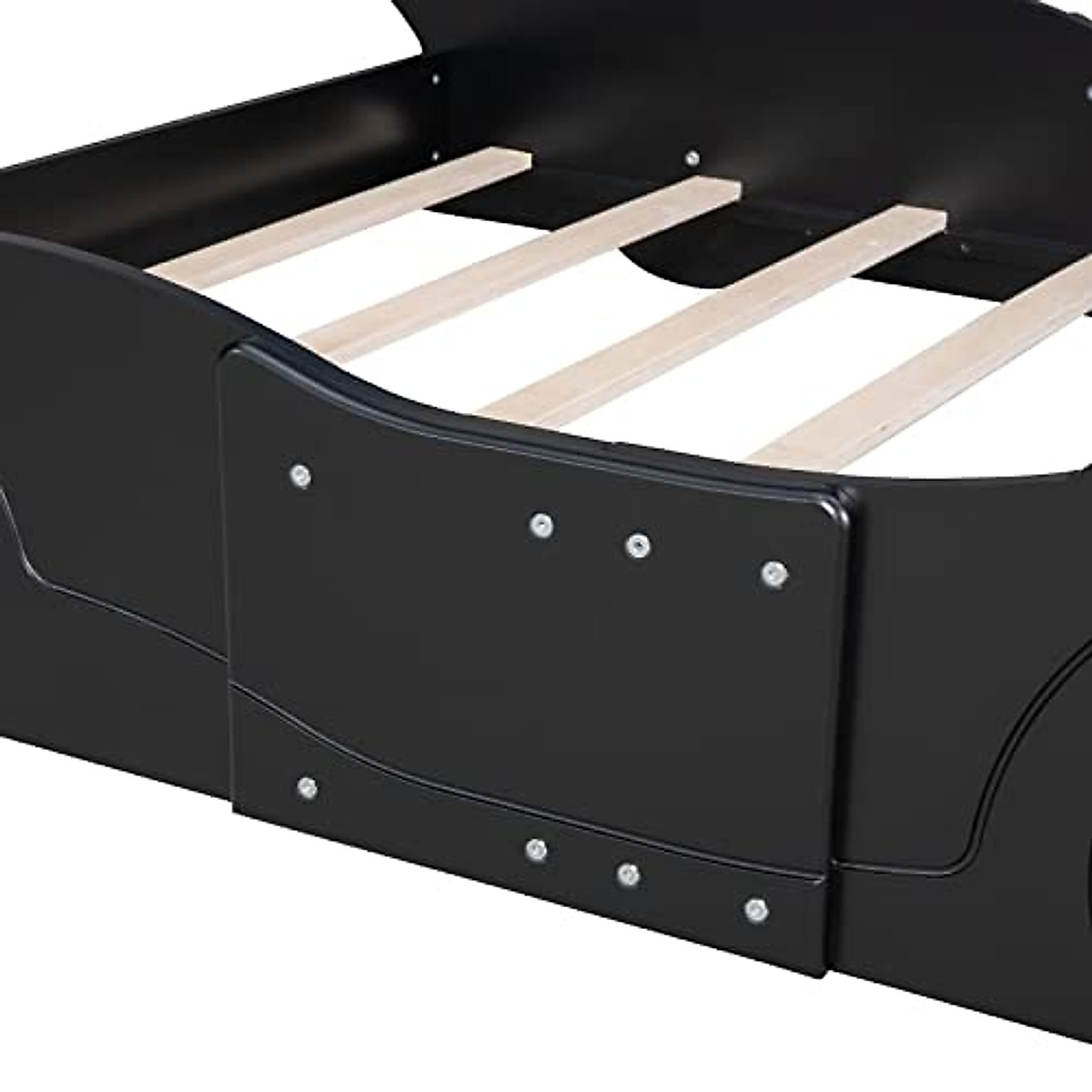 Zaboro Full Size Race Car-Shaped Platform Bed for Children, Solid Wood Bed Frame with Safety Rails and Wheels, Modern Low Bed with Sturdy Slats Support for Boys and Girls, No Box Spring Needed, Black