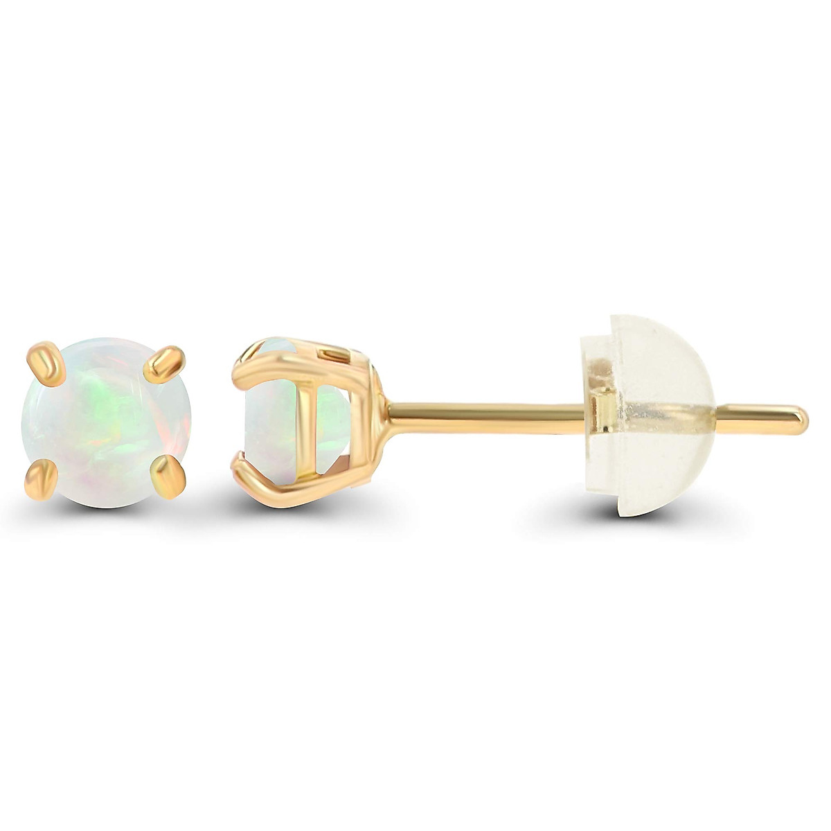 Genuine 14K Solid Yellow Gold 3mm Round Natural Opal October Birthstone Stud Earrings For Women