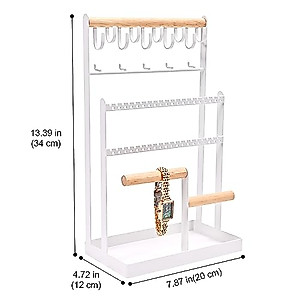 Lolalet Jewelry Holder Organizer Necklace Stand, 6 Tier Jewelry Rack Necklace Holder with 15 Hooks and Bottom Tray, Jewelry Tower Display Storage Tree for Bracelets Earrings Rings -White