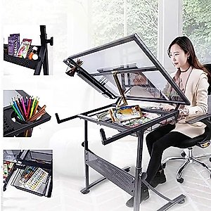 XiVue Drafting Table with Storage, Height Adjustable Tiltable Art Desk, Glass Panel Drawing Desk, for Work Study Painting Craft Table
