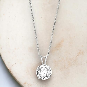 Jewelili 10K White Gold Solitaire Pendant Necklace Set with Round Cut Cubic Zirconia, 18" Rope Chain