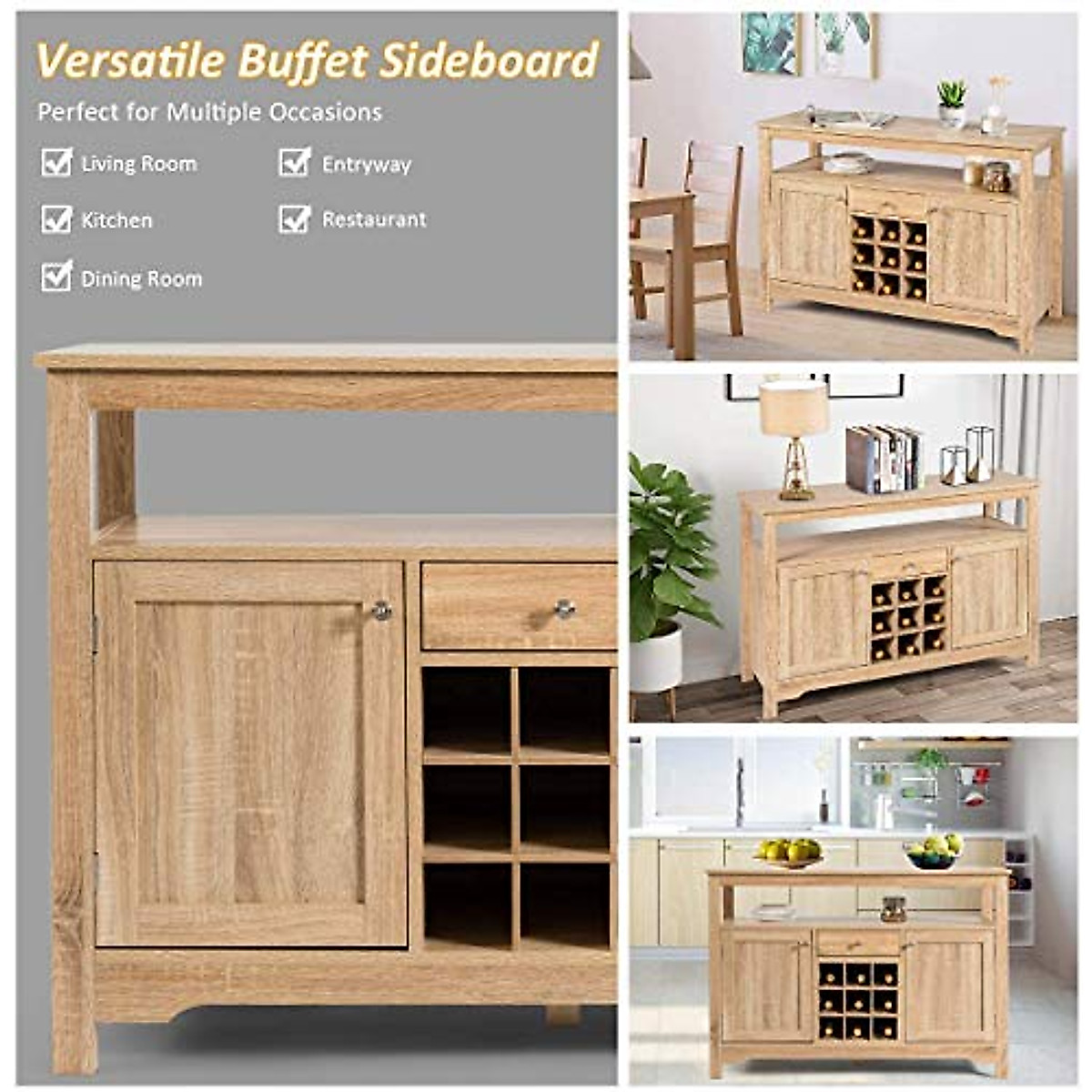 ReunionG Buffet Sideboard, Wine Console Table, Wooden Kitchen Organizer w/2 Cabinets, 1 Drawer and 9 Wine Cabinets, Farmhouse Storage Cupboard, Wine Rack, Server Table, Dining Room Furniture (Natural)