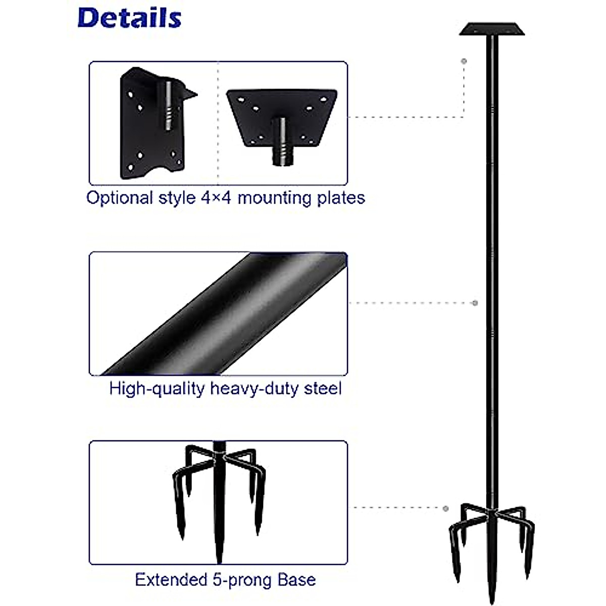 Garbuildman 105 Inch Bird Feeder Pole Kit, Heavy Duty Bird House Pole Set with 5-Forked Base, Adjustable Universal Mounting Post Kit for Outdoors, Matte Black, 1 Pack