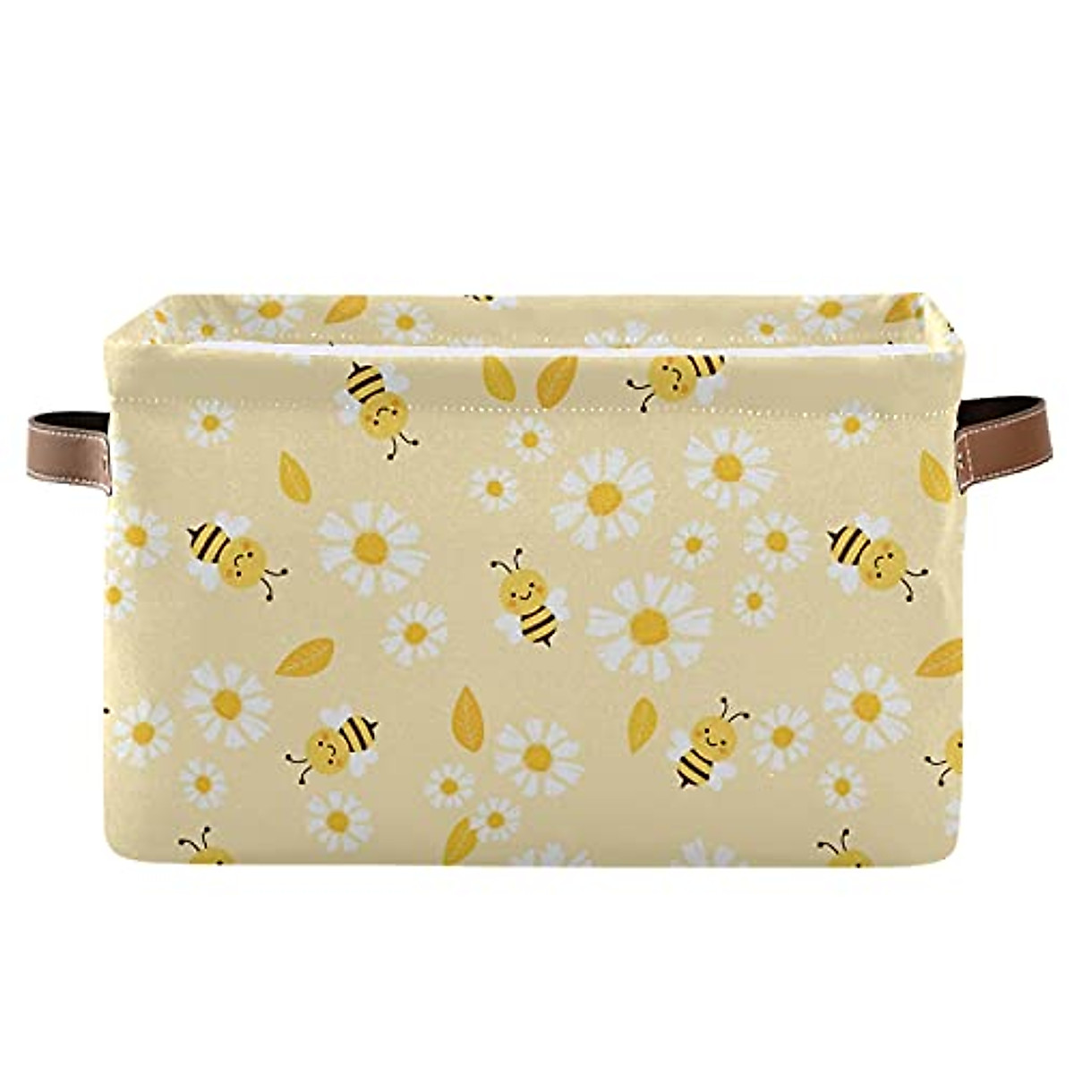 MNSRUU Storage Basket Bee And Flower Collapsible Organizer Basket with PU Handles, Waterproof Nursery Laundry Basket, 1 Pack