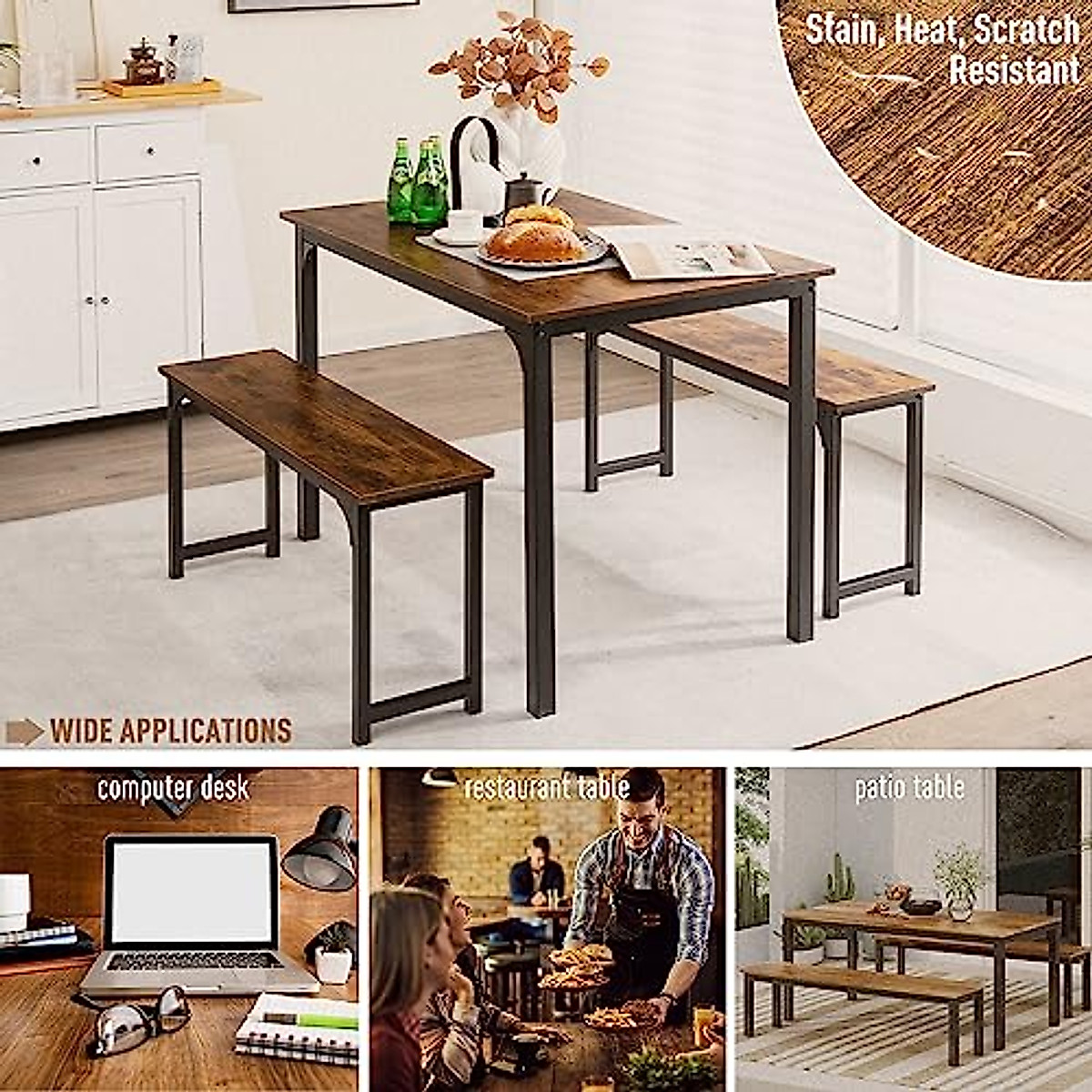 NAFORT 3-Piece Dining Table Set for 4, Kitchen Table with 2 Benches, 43.5’’ Space Saving Dining Room Table with Metal Frame & Solid MDF Wood Board, Ideal for Home, Restaurant, Patio Outdoor