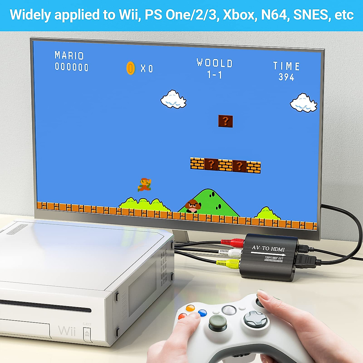 GINGIN AV to HDMI Converter, AV to HDMI Adapter Support 720p/1080p for PS1/PS2/PS3/Xbox 360/WII/N64/SNES/STB/VHS/VCR/Blue-Ray DVD Players