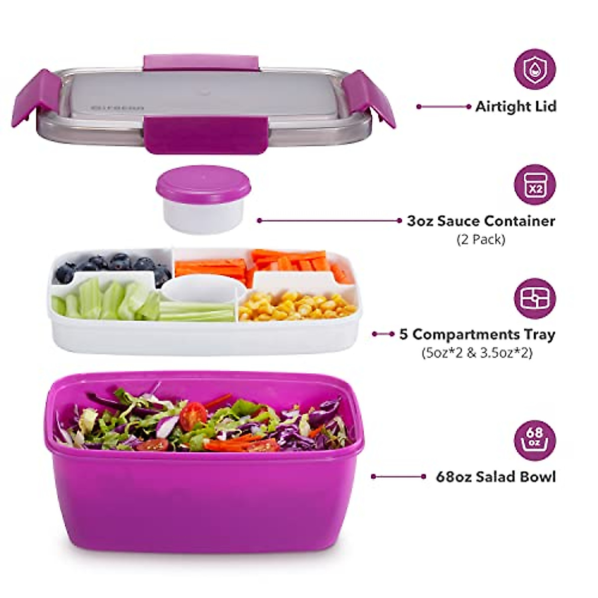 GiFBERA Large Salad Container for Lunch - 68 oz Salad Bowl with 5 Compartments Bento-Style Tray, 2 pieces Salad Dressing Containers To Go, Leak-Proof & BPA-Free (Purple)