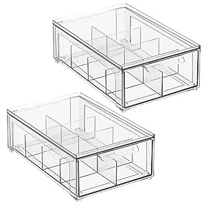 mDesign Plastic Kitchen and Pantry Organizer with Divided Drawer - Stackable Bin with 8 Sections for Tea and Snack Food - Perfect for Organizing Cabinet, Fridge - Lumiere Collection - 2 Pack - Clear