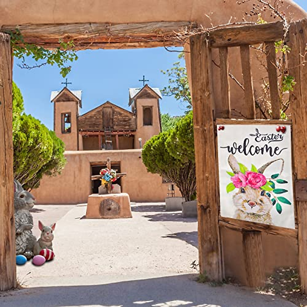Happy Easter Garden Flag 12x18 Inch Double Sided Bunny with Flowers, Small Yard Flag for Outside Farmhouse Holiday Spring Outdoor Décor, house flag