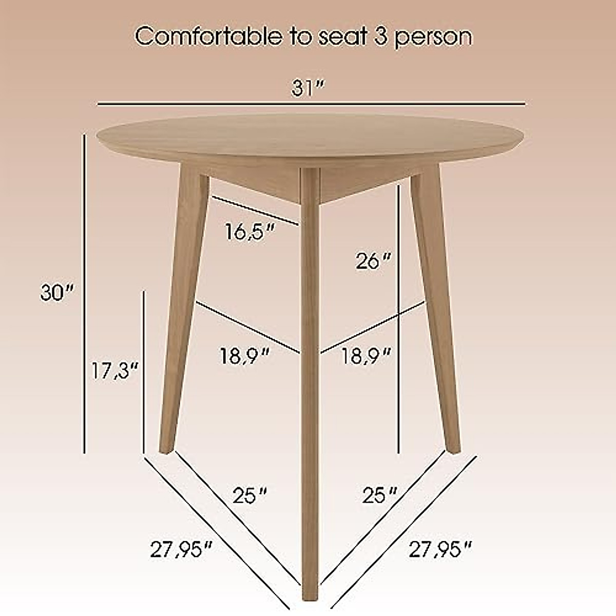 DAIVA CASA Orion Light 31 inch 3 Legs Round Table for 3 Person - Birch Solid Wood Kitchen & Dining Room Furniture - Mid Century Modern Scandinavian Style – Brown Table for Small Space
