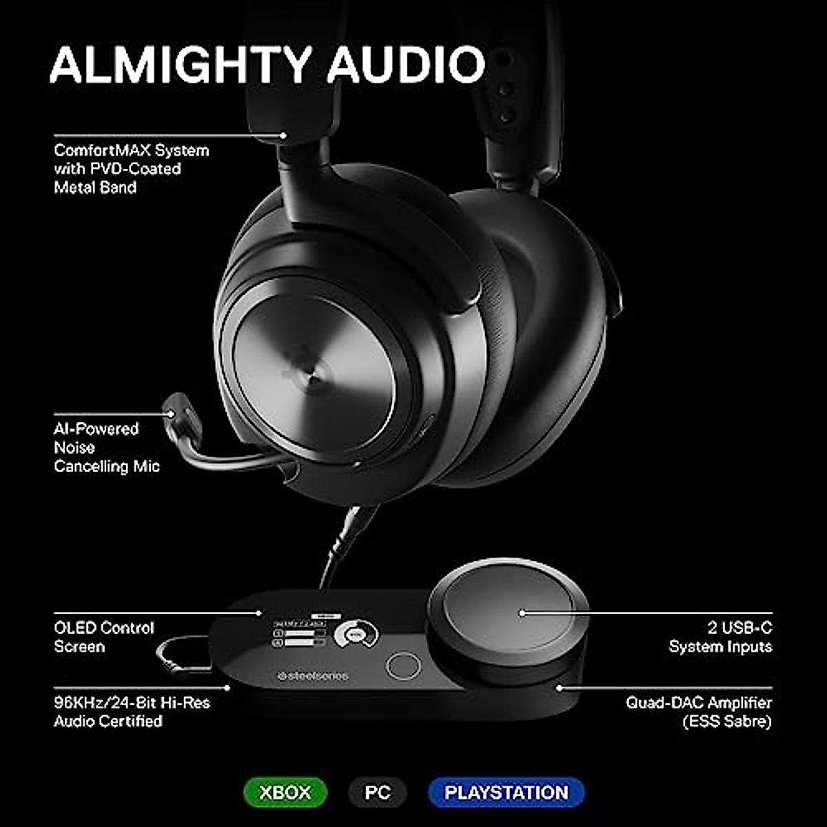 SteelSeries Arctis Nova Pro for Xbox Multi-System Gaming Headset - Premium Hi-Fi Drivers - Hi-Res Audio - 360° Spatial - GameDAC Gen 2 - Stealth Retractable Mic - Xbox, PC, PS5/PS4, Switch