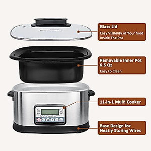 spoonlemon 6.5Qt 11-in-1 Multi Cooker, Digital Programmable Slow Cooker With Bake, Sauté, Roast, and Sous Vide functions, 1500W Timer&Temp Control,Dishwasher Safe Lid&Nonstick Inner Pot