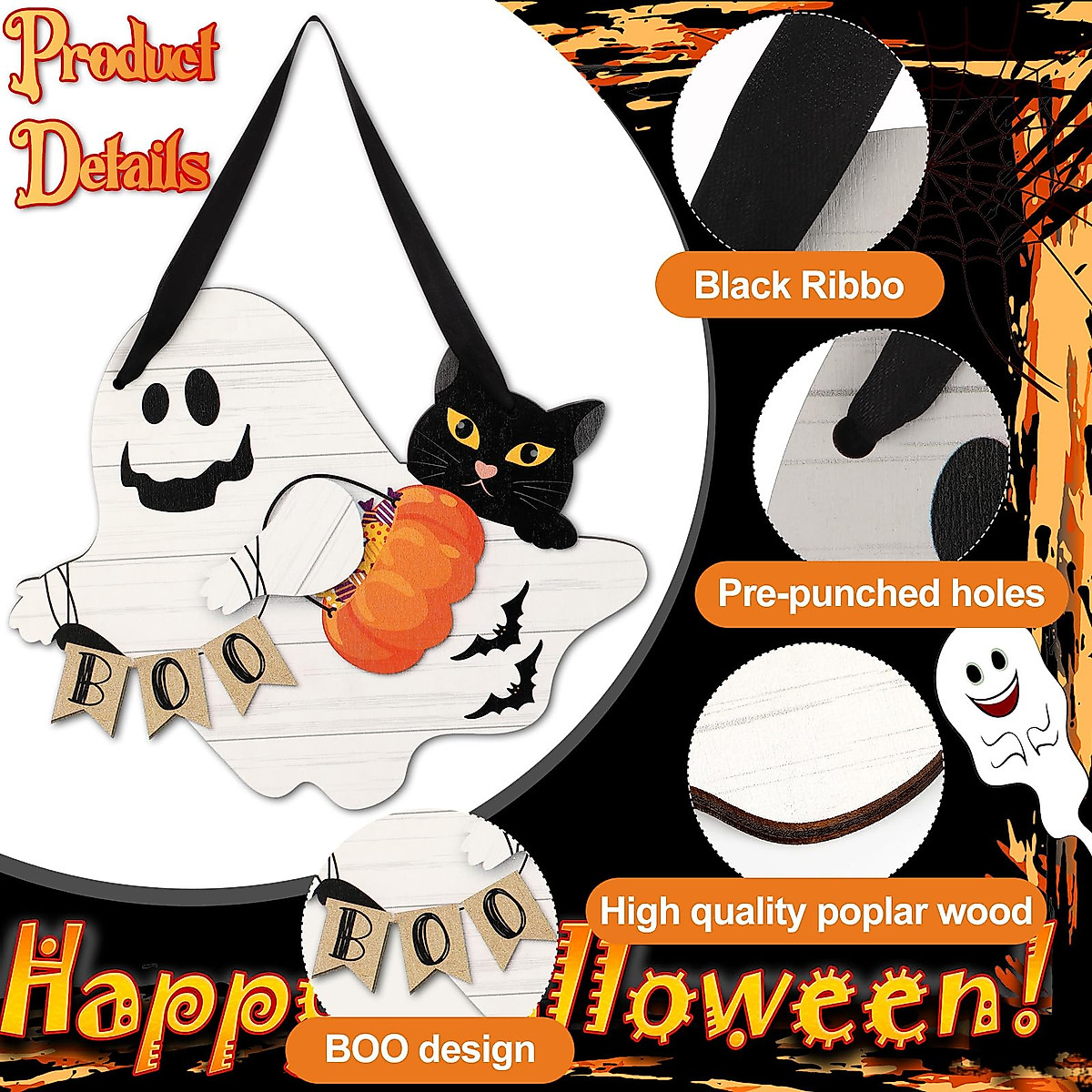 Amyhill Halloween Boo Decorations Wooden Ghost Hanging Sign 3D Black Cat Front Door Hanger Halloween Wreaths Spooky Welcome Sign for Halloween Indoor Outdoor Wall Home Porch Party Haunted House