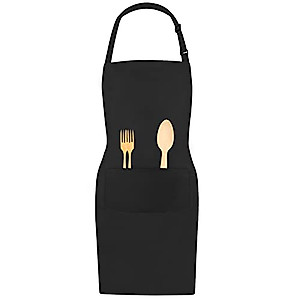 Fyy Bib Apron, Adjustable Kitchen Apron with 2 Pockets, Chef Apron Waitress Apron Cooking Apron BBQ Apron for Women Men, Polyester Bulk Apron for Kitchen Cafe BBQ Restaurant Black
