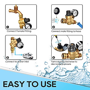RVGUARD RV Water Pressure Regulator Valve, Brass Lead-Free Adjustable Water Pressure Reducer with Gauge and Inlet Screen Filter for RV Camper Travel Trailer