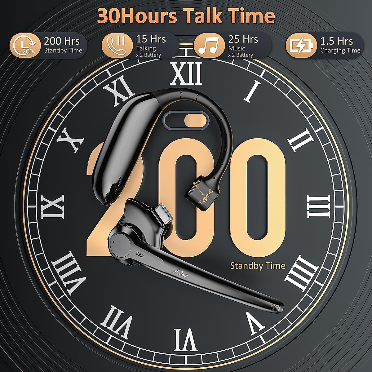 AMINY Wireless Bluetooth Headset with Dual Microphone Noise Cancelling,Auriculares Bluetooth Earpiece 30 Hrs Talking Time V5.3 Bluetooth Earphones Wireless Headset for Trucker/Driving/Office