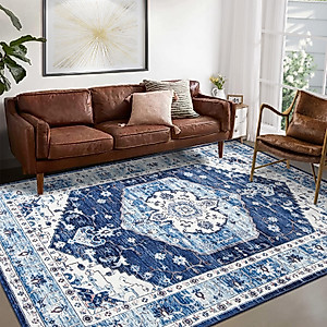 RUGSREAL Area Rug 8x10 Washable Rug Vintage Floral Rug Large Rug Non-Slip Non-Shedding Low-Pile Indoor Soft Rugs Foldable Rugs for Living Room Bedroom Office, 8x10 Blue