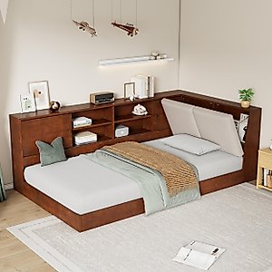 SOFTSEA Twin Size Daybed with Bookcase & USB Ports, L Shaped Floor Daybed with Upholstered Headboard, Wood Corner Bed Frame with Storage Headboard for Kids Teens Adults, Walnut