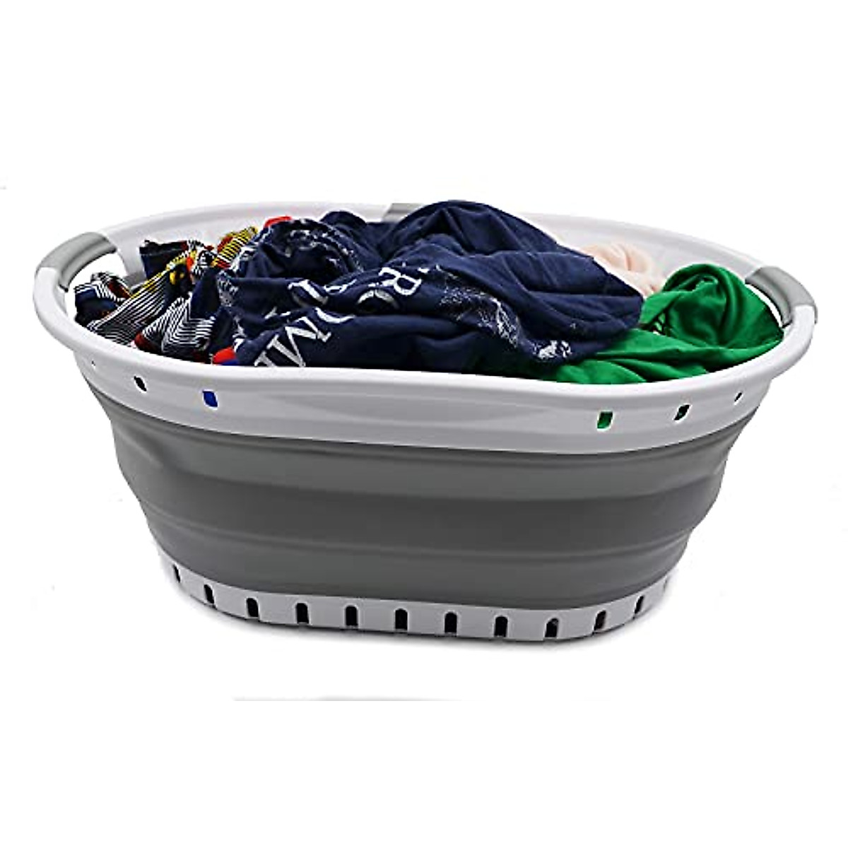 SAMMART 44L Collapsible Plastic Laundry Basket - Foldable Pop Up Storage Container/Organizer - Space Saving Hamper/Basket (1, White/Grey)