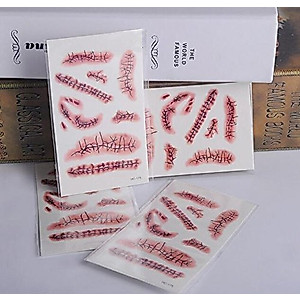 Tinuos Horror Realistic Fake Bloody Wound Stitch Scar Scab Waterproof Temporary Tattoo Sticker Halloween Masquerade Prank Makeup Props-5PC