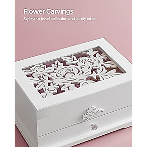 SONGMICS Jewelry Box, 2-Tier Jewelry Organizer with Flower Carvings, Drawer, Gift for Loved Ones, Kids, Jewelry Storage Case for Rings, Earrings, Necklaces, Bracelets, White UJOW201