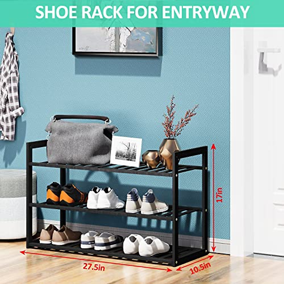 Bamboo Shoe Rack for Closet, 3-Tier Dampproof Shoe Organizer Free Standing Shoe Racks for Entryway and Closet Hallway Black Waterproof Shoe Storage Organizer for Indoor Outdoor (Black, 3-Tiers)