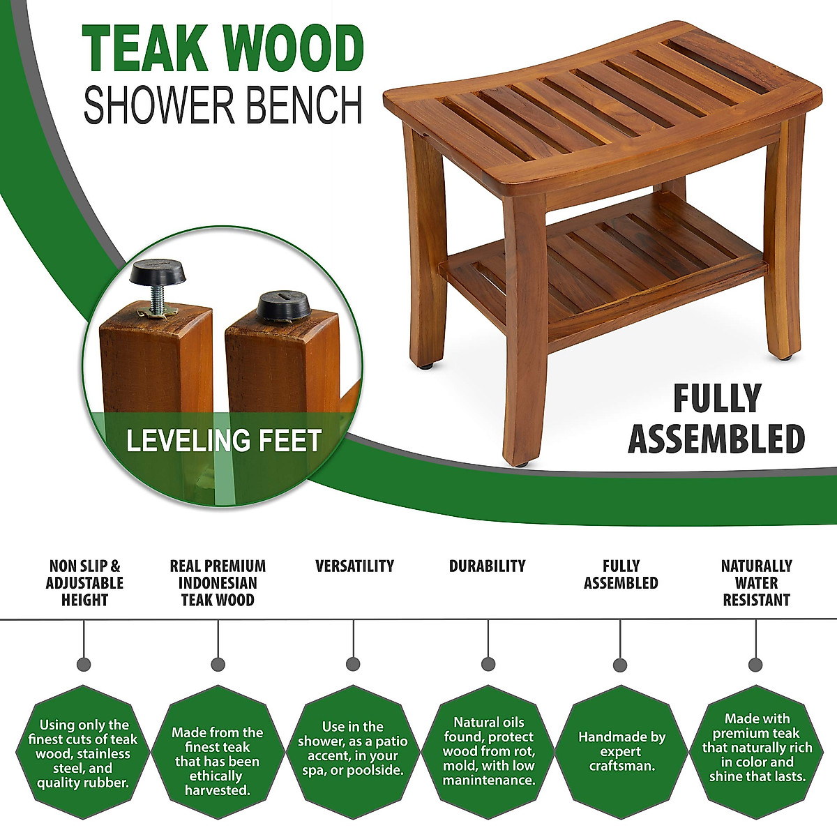 TeakCraft Teak Shower Bench with Shelf 21 Inch, Fully Assembled Teak Wood Shower Stool & Spa, Shower Bench for Elderly, Indoor and Outdoor Use, The Hermod